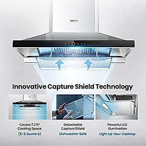 FOTILE EMS9026 36" Wall-mount Range Hood 1000 CFMs with Touchscreen, 2 Speed-settings and Auto Turbo Mode | Manual-adjustable Capture Shield Technology | Delay Shutoff and Detachable Oil Plate