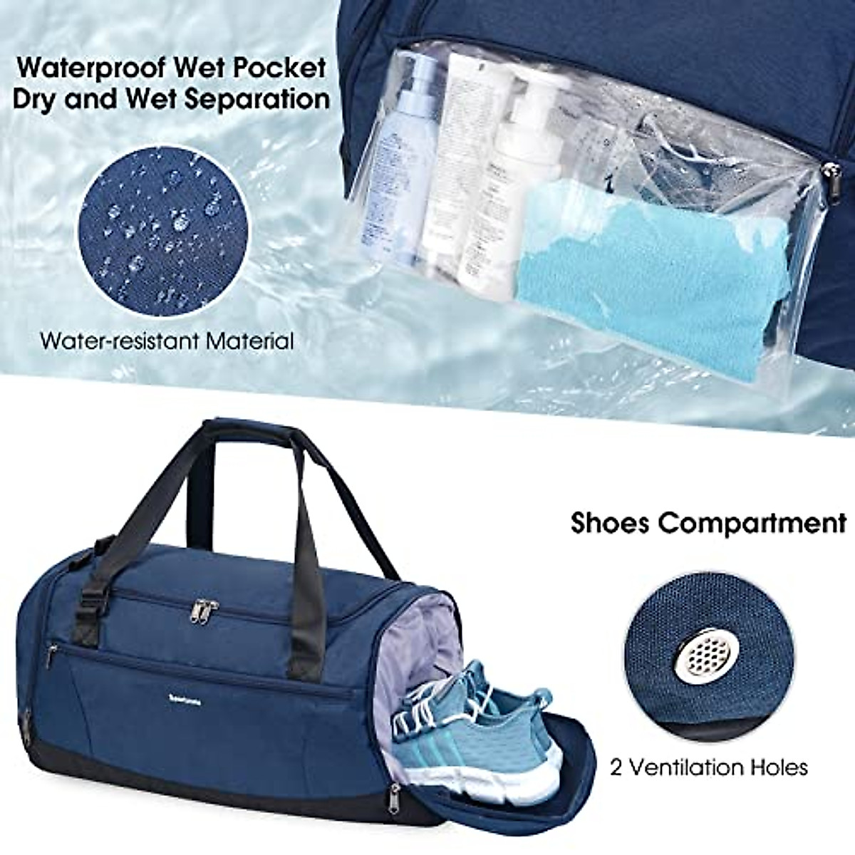 Travel Duffel Bag, Weekender Overnight Backpack with Shoe Compartment and Wet Pocket Sport Gym Bag for Men and Women, Navy
