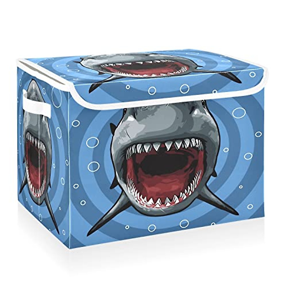CaTaKu Sea White Shark Storage Bins with Lids and Handles, Fabric Large Storage Container Cube Basket with Lid Decorative Storage Boxes for Organizing Clothes