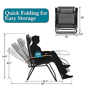 PHI VILLA Oversized Padded Zero Gravity Chair, Folding Outdoor Patio Recliner, XL Anti Gravity Lounger for Backyard w/Headrest, Cup Holder, Side Tray, Grey