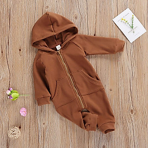 Seyurigaoka Baby Boys Girls Jumpsuit Hoodie Romper Zipper Long Sleeve One Piece Outfits Warm Clothes for Unisex (Coffee, 0-3 Months)