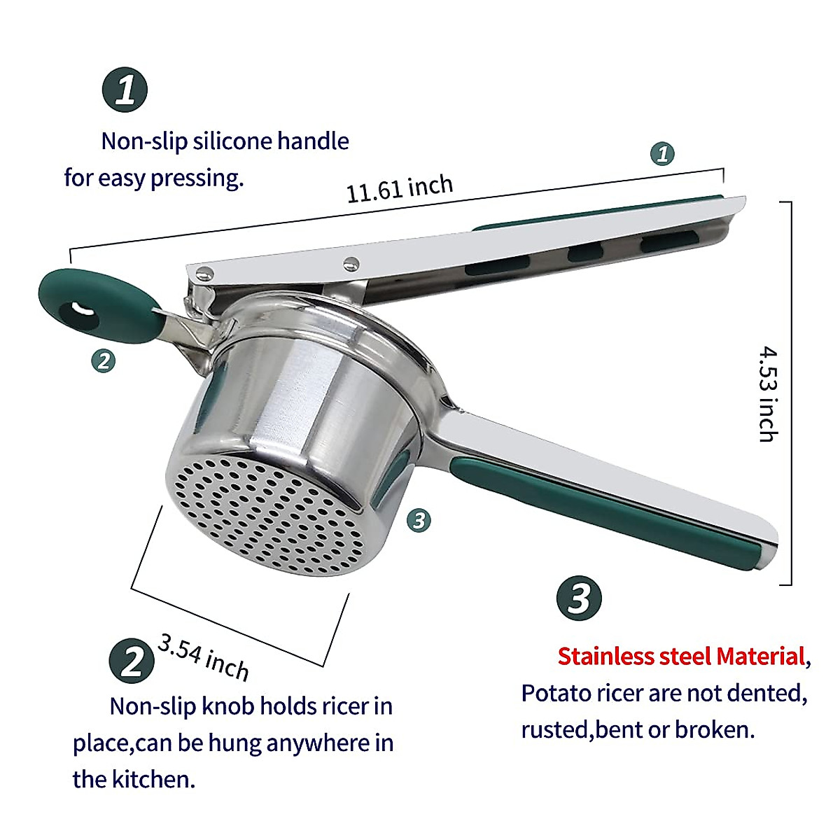 Potato Ricer,Ricer For Mashed Potatoes,Heavy Duty Potato Ricer Stainless Steel Create Fluffy Mashed Potatoes,Comfortable Silicone Handle Spaetzle Maker,Potato Press For Gnocchi Lefse Spinach