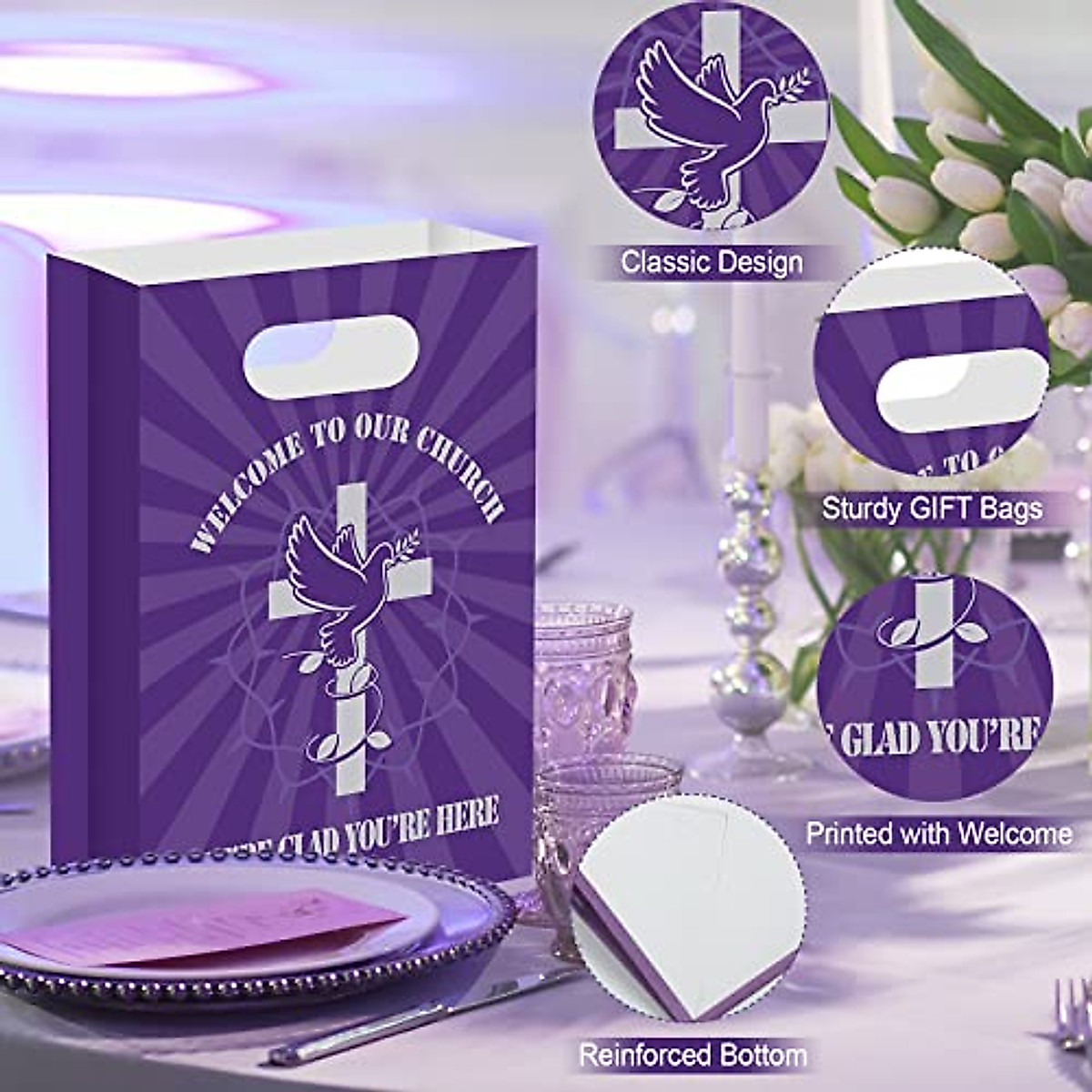 60 Pieces Church Welcome Gift Bags Purple Welcome to Our Church Gift Bags Large Religious Church Paper Bag with Handles for Visitors Members Birthday Church Theme Party Supplies, 8.6 x 6 x 2.36 Inch