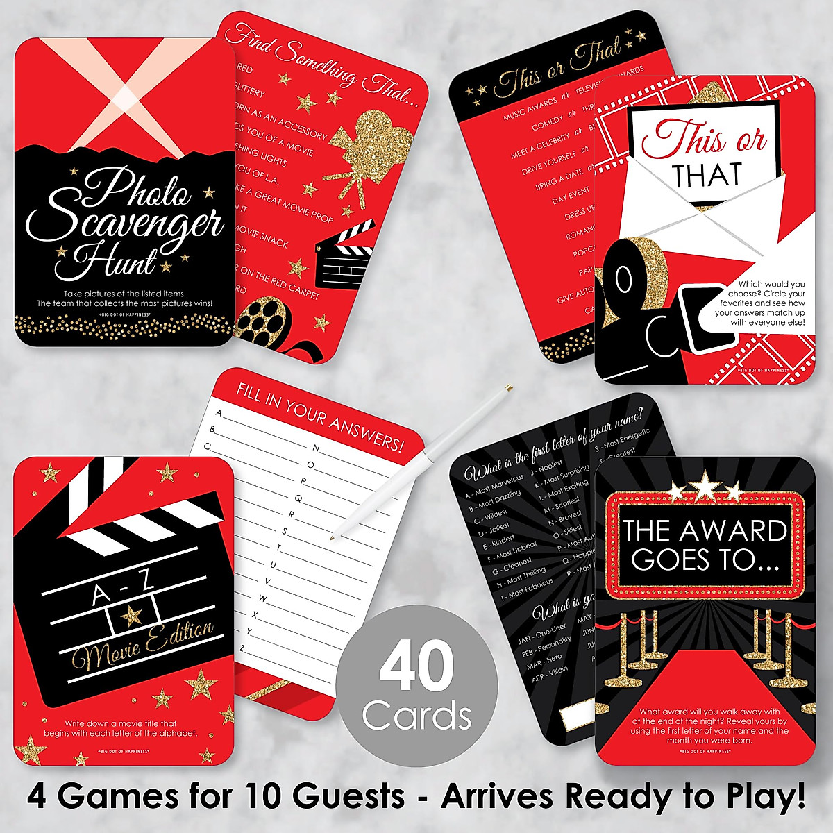 Big Dot of Happiness Red Carpet Hollywood - 4 Movie Night Party Games - 10 Cards Each - Gamerific Bundle