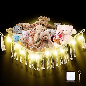 Stuffed Animal Net Hammock Macrame Boho Toy Hammock with LED String Light Stuffed Animal Hanging Storage Organizer Wall Corner Toy Net Holder Display with Tassel (Beige,43.3 x 34.6 x 34.6 Inch)