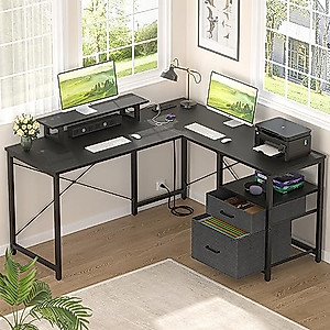 Homieasy L Shaped Computer Desk with Storage File Drawer, Reversible Home Office Desk with Recessed Power Strip and Led Strip, Corner Gaming Desk Work Study Table with Monitor Stand, Black