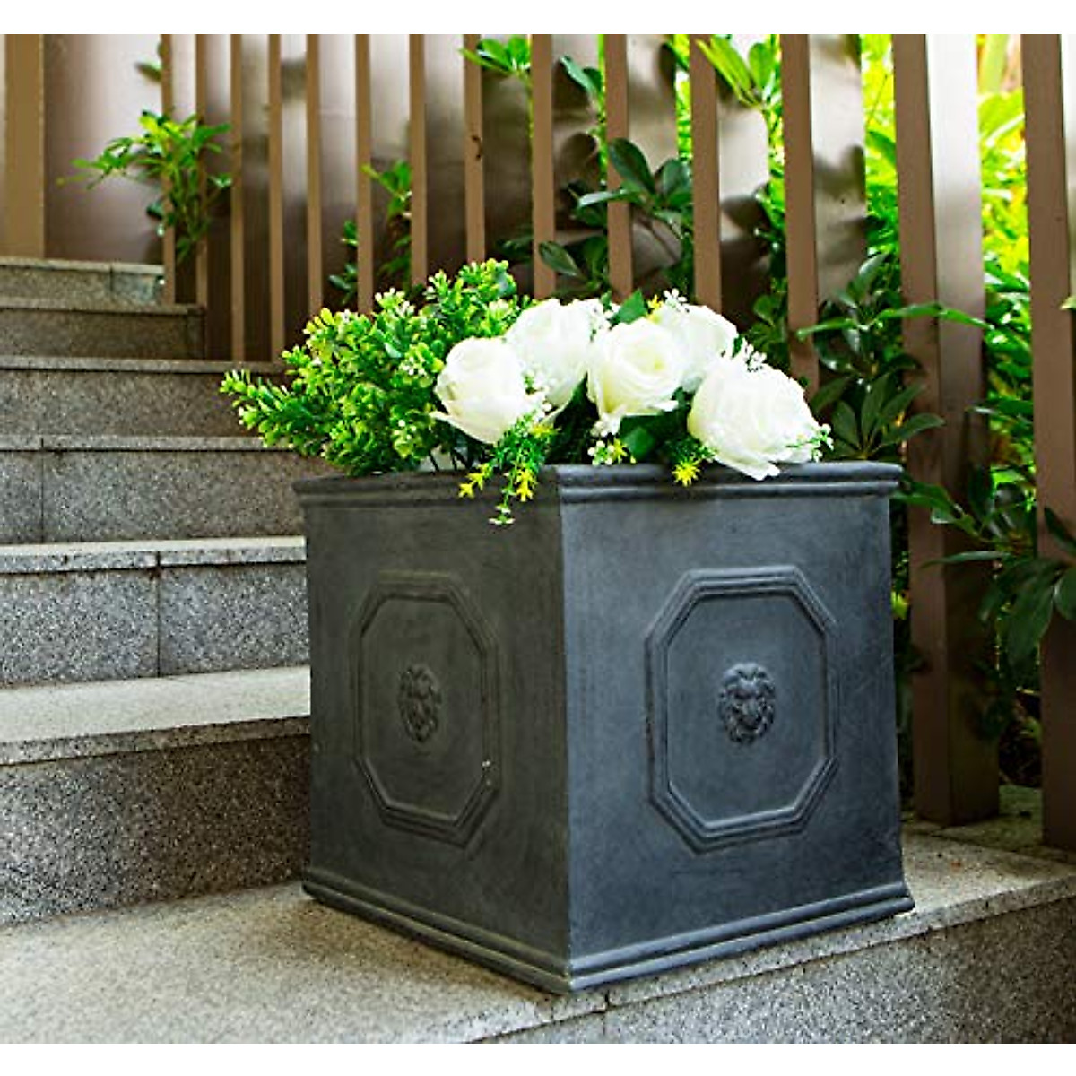 Kante Lightweight Classic Square English Style Lion Head Planter 12.6"x12.6"x12.6" Antique Gray