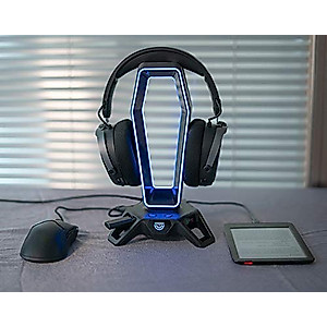 TRUSYO AUDIO THE PORTAL USB 3.0 headset stand with dual RGB lights, 3 usb charger ports, a headphone holder for wired or wireless headphones, great for gaming stations. A gaming accessory.