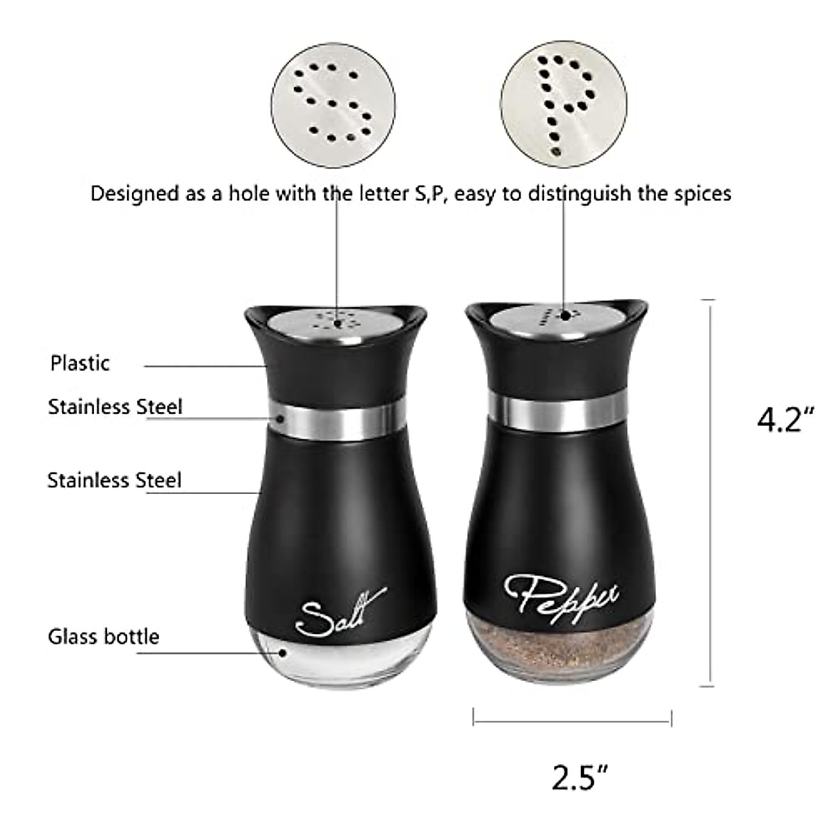 Salt and Pepper Shakers Set with Stainless Steel Lid and Glass Bottle,for Kitchen Table, RV, Camp, BBQ (Black)