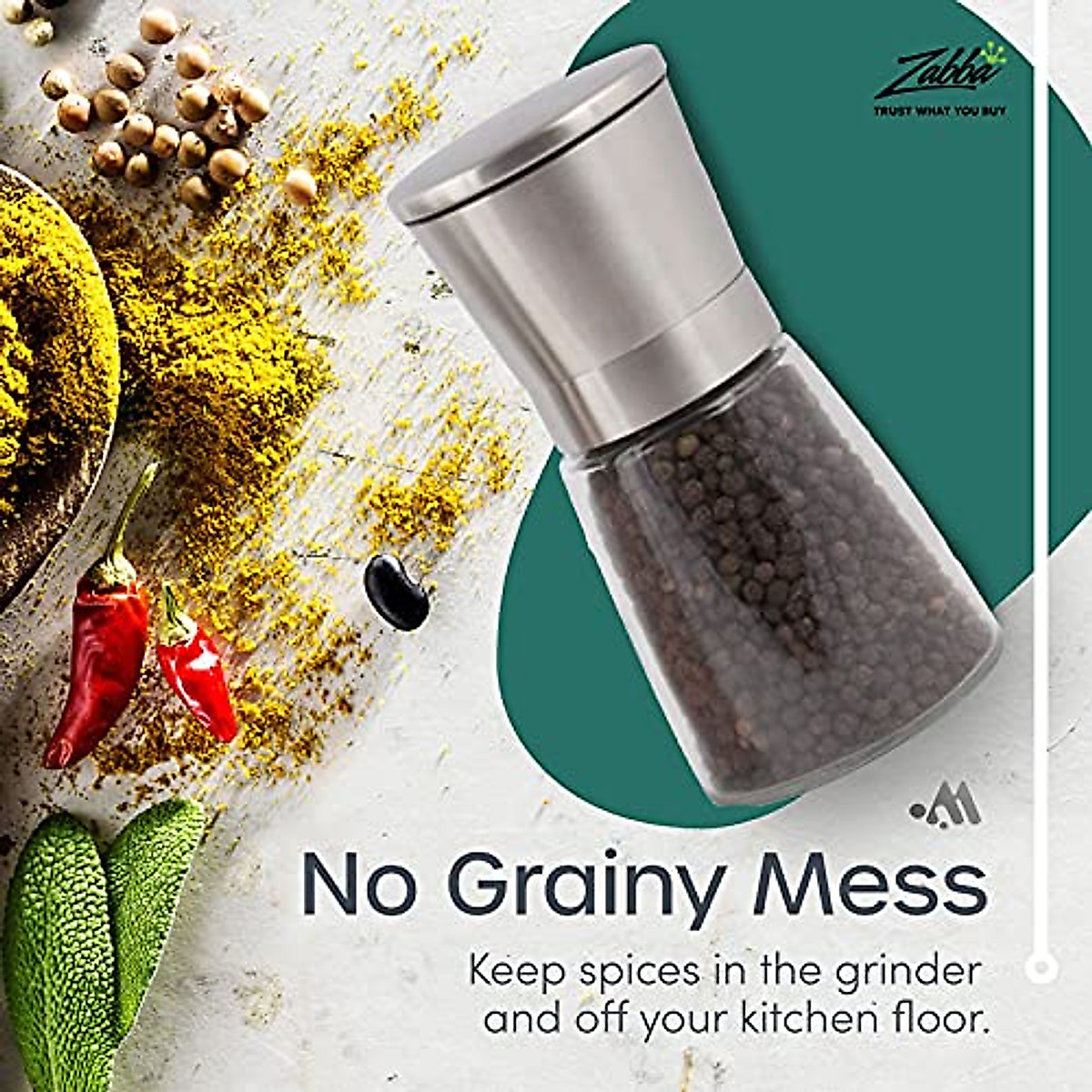 Modetro Salt and Pepper Shakers Set 6 oz Each Adjustable Coarseness Pepper Grinder Mill for Sea Salt Spice Stainless Steel Glass 2 Pack