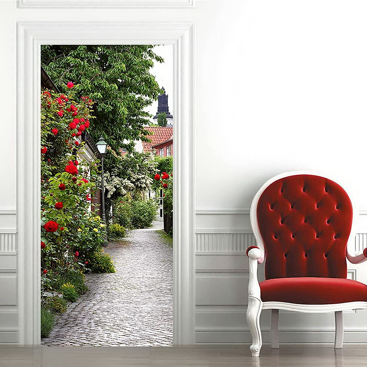 A.Monamour 3D Door Stickers for Interior Doors Blooming Flowers in Garden Patio Narrow Alley Botanical Theme Vinyl Waterproof Self Adhesive Door Mural Decals for Bedroom Office Bathroom 85 x 200 cm