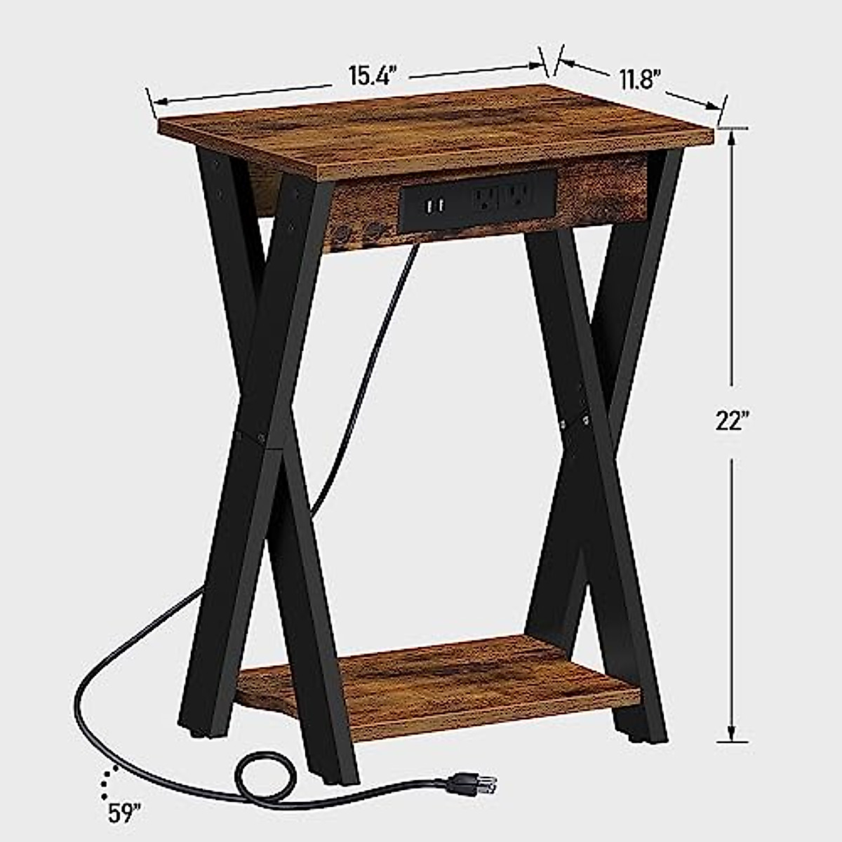 TUTOTAK End Table with Charging Station, X Shaped Side Table with USB Ports and Outlets, Nightstand, 2-Tier Storage Shelf, Sofa Table for Small Space, Brown TB01BB048