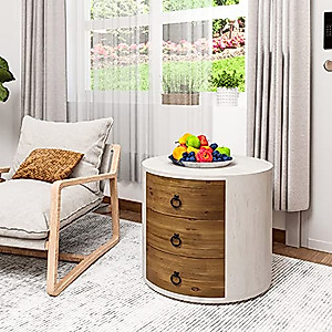 HOMPUS 3 Drawer Chest of Drawers, Round Storage Cabinet, Retro Large Nightstand, Vintage Wood Bedside Table End Table with Drawers for Bedroom Living Room, White
