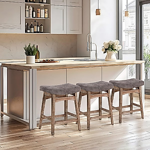 ALPHA HOME Bar Stools Set of 2, Solid Wood Saddle Kitchen Stools with Grey Linen Fabric Cushion Counter Height Barstools, 24 Inch, Grey, 2PCS