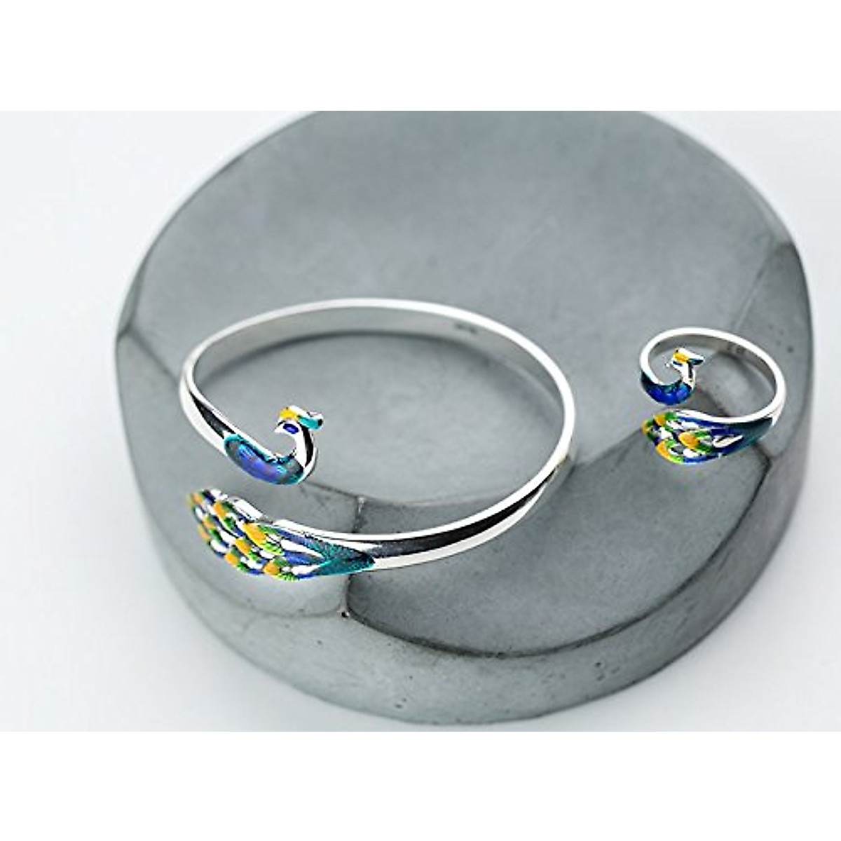 Helen de Lete Coloful Peacock Phoenix Wonder Bird 925 Sterling Silver Open Ring/Bracelet (Bracelet)