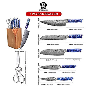 WILDMOK Damascus Kitchen Knife Set with Block Premium Quality 7 Pieces Kitchen Knife Set Razor-Sharp with Ergonomic Handle (7pcs Knife Block Set Blue Resin Handle)