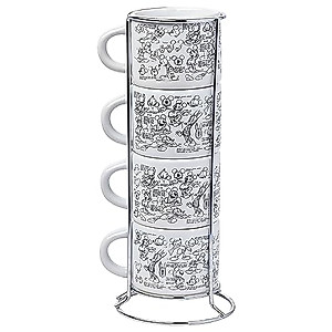 Silver Buffalo Disney Mickey Mouse Vintage Sketches Art 4pc Stackable Ceramic Espresso Small Cup Set, 3 Ounces