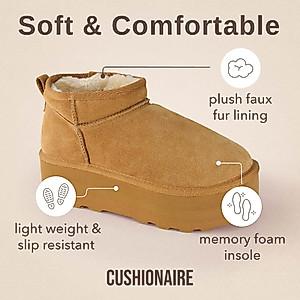 CUSHIONAIRE Hippy Women’s Platform Ankle Boots – Genuine Suede, Faux Fur Lining, Cozy Winter Slip-On Design boots for women, CHESTNUT 11