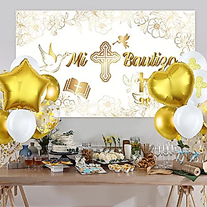 66 Pcs Baptism Party Decorations Mi Bautizo Backdrop Balloons Arch Garland Baptism Backdrop Gold Balloons for Boys Girls First Holy Communion Christening Celebration Accessories Photo Background