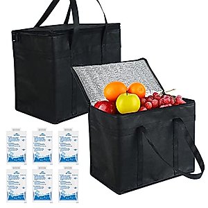 Aosome 2 Packs XL Insulated Food Delivery Bag,Pizza Delivery Bag,Collapsible Cooler Bag,Reusable Grocery Shopping Bag for Shopping,BBQ,Fishing,Picnic,Outdoor (Black 30L)