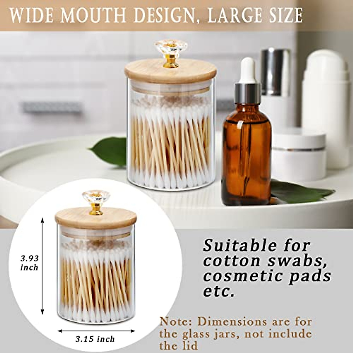 Bathroom Organizer with Bamboo Lids,Apothecary Jars Qtip Holder Storage Canister Clear Glass bathroom jars Cotton Ball Holder for Cotton Rounds,Pads, Floss,Cotton Swab(3 pieces)