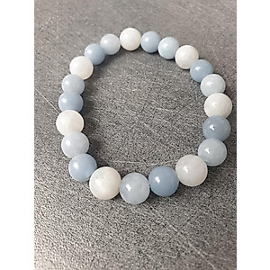 LKBEADS Natural Angelite, Aquamarine & Moonstone 10mm rondelle smooth 7inch Semi-Precious Gemstones Beaded Bracelets for Men Women Healing Crystal Stretch Beaded Bracelet Unisex