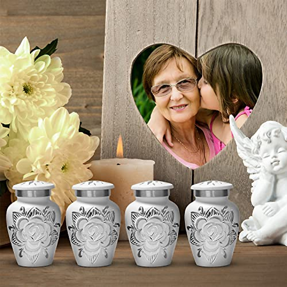 Rose Keepsake Urns for Human Ashes Set of 4 - White Rose Urns with Premium Box & Bags - Honor Your Loved One with Rose Cremation Urns - Small Urns for Ashes Keepsake - Mini Urns for Men & Women