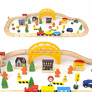 60Pcs Train Set for 3 Year Old Boys, Double-Side Wooden Train Set Tracks for Toddlers, Fits Brio, Thomas, Melissa and Doug, Kids Wood Train Toys for 3 4 5 Year Old Boys and Girls (Gray)