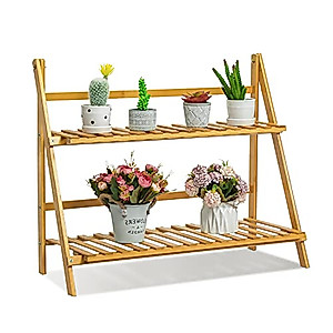 MoNiBloom Folding Bamboo Ladder Shelf 2 Tier Flower Pot Plant Display Rack Stand Organizer Holder for Home Garden Patio Balcony Indoor Outdoor Use, Natural