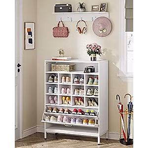 Tribesigns Shoe Cabinet with Coat Rack, Entryway Shoe Storage with Flip Door and 12 Shoe Cubbies, White Shoe Organizer Rack for Narrow Closet, Entryway, Living Room, 20 Pairs