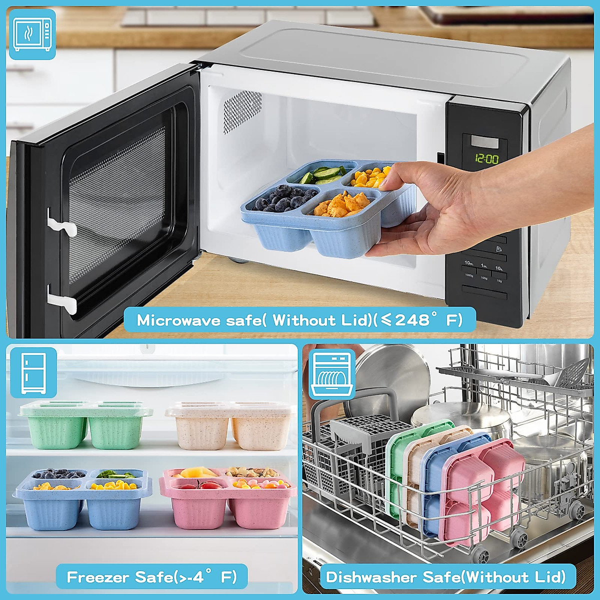 T TRIPLOG Bento Snack Boxes, Reusable 4 Compartments Food Containers for School, Work and Travel, Stackable Set of 4