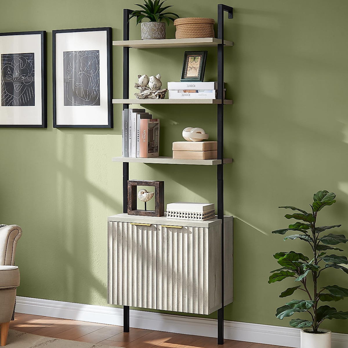 OAKHAM HOME Oxford Bookshelf, Ladder 5 Tier Open Bookshelf, Tall Book Shelf with Cabinet, Wall Mount Bookshelves with Display Rack, Bookcase with Shelves for Bedroom, Living Room, Grey Oak 2 Piece