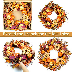 HomeKaren Fall Wreaths for Front Door 22 Inch, Autumn Wreath with Berry Pumpkin, Maple Leaves, Thanksgiving Harvest Festival Decorations Indoor and Outdoor
