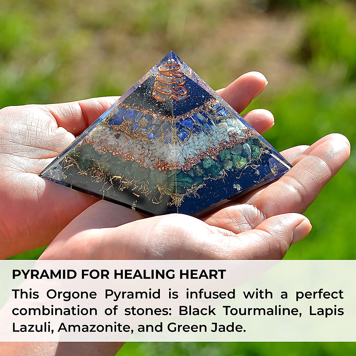 New Orgone Pyramid for Healing Heart | Black Tourmaline | Lapis Lazuli | Amazonite | Green Jade Orgonite Pyramid for E-Energy Protection - Crystal Chakra Stone Pyramid