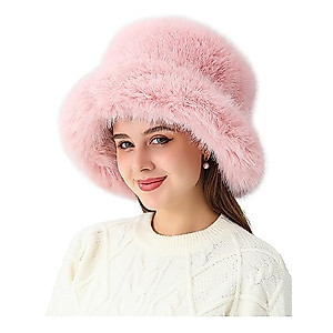 Rulala Fancy Women's Faux Fur Bucket Hats Fluffy Winter Warm Ladie's Unique Wide Brim Fisherman Cap(Pink)