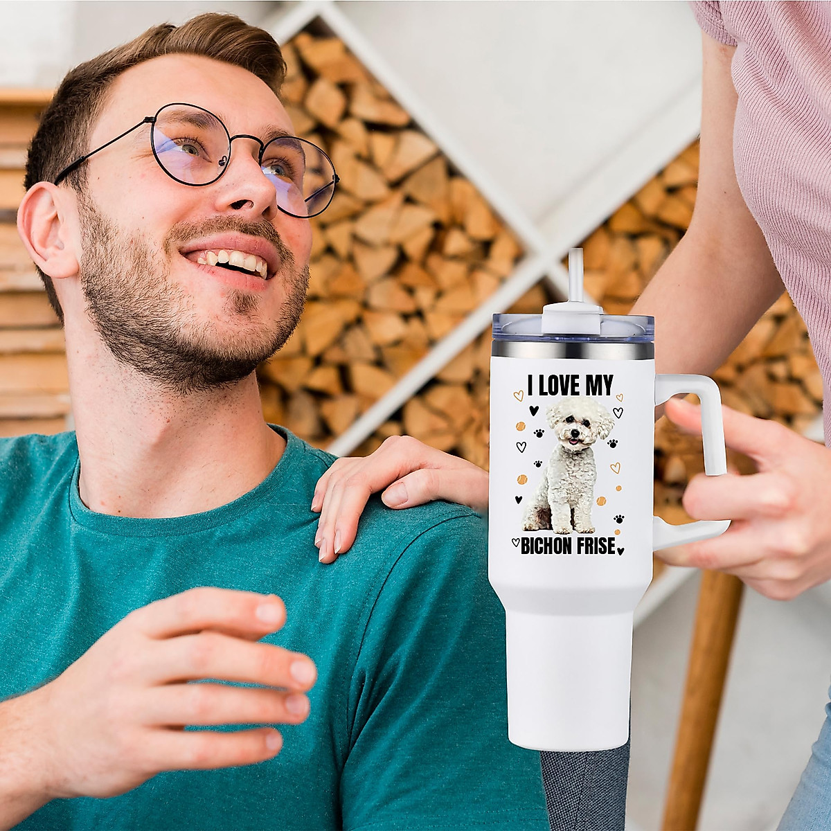 Dog Mom 40 oz Insulated Tumbler with Handle and Straw - Dog Lover Gifts for Women, Bichon Frise Gifts