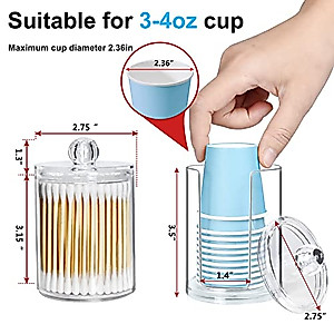 EOFJRUC Cup Dispenser for Bathroom 4 Pack, Qtip Holder for Cotton Ball Swab, Cotton Round Pads, Floss, Fit for 3-4 oz Cup for Bathroom Canister Storage Organization, Vanity Makeup Organizer-Clear…