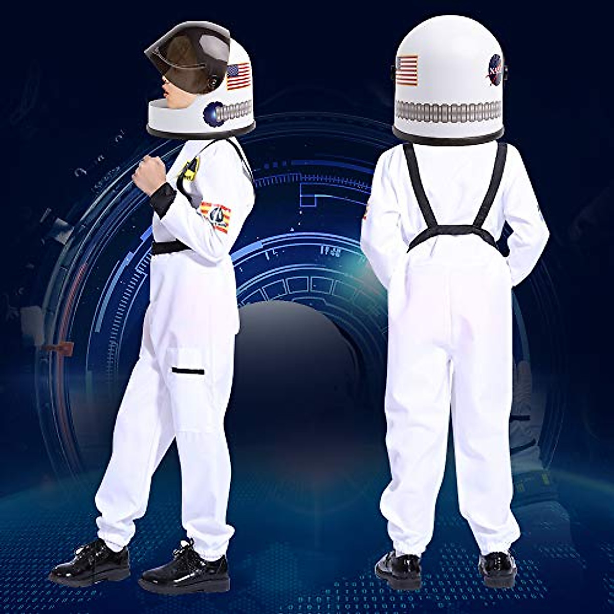 eccbox Kids Astronaut Costume Space Suit Role Play Dress Up with Movable Visor Helmet (White Costume with Helmet, 7-8)