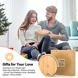 Vivilumens Bedside Table LED Night Light with Wireless Charger and Bluetooth Speaker, Desk Lamp As Sleep Aid White Noise Machine and Phone Holder, Great Birthday Gifts for Girlfriend, Women, Mom, Men