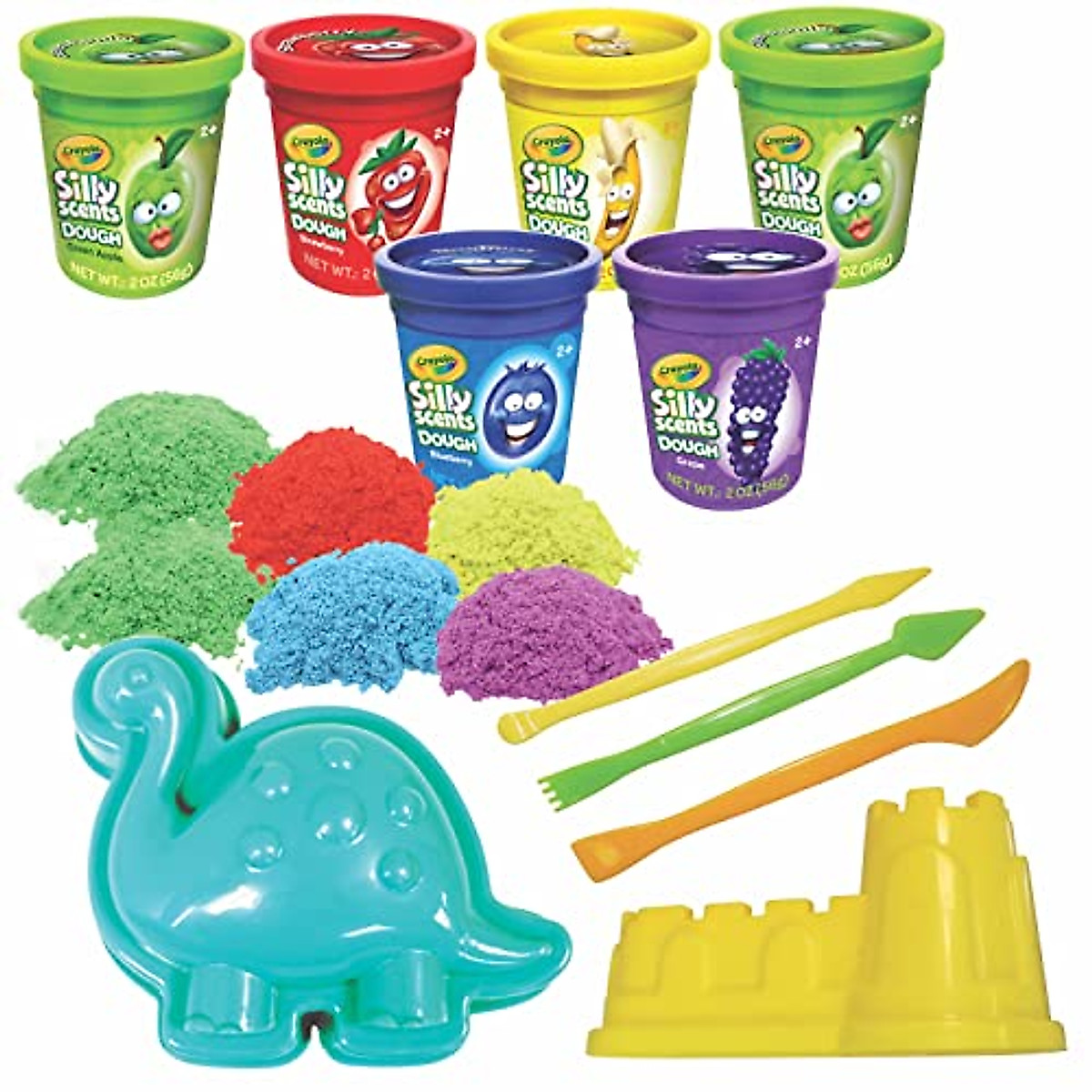 Crayola Silly Scents, Modeling Compound Activity Pack | Includes 6 Scented Dough Tubs, 6 Scented Colored Play Sand Packs, and 7 Kids Tools | Great Birthday Gift or Summer Fun for Toddlers.