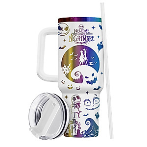 GEPOSTORE Birthday Gifts for Movie Lovers, Skeleton Couple 40oz Laser Tumbler with Handle, Spooky Movie Cup, Horror Movie Coffee Mug, Gifts for Christmas Halloween