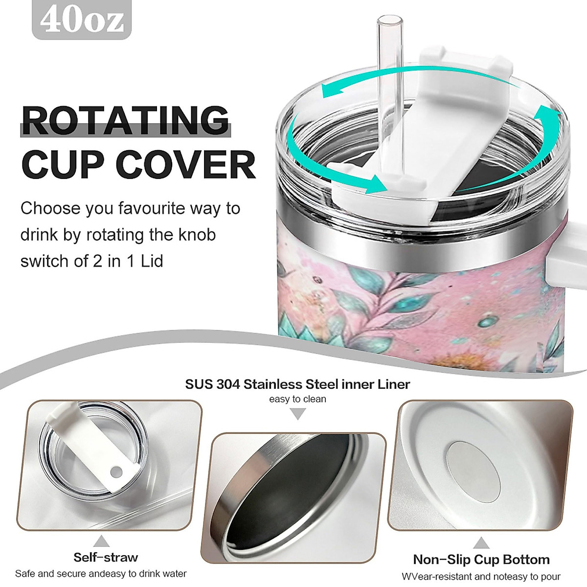 FOCIUZTA Sunflower Tumbler - 40oz Stainless Steel, Double Wall Insulated, Leak-Proof, BPA-Free, Perfect for Mother's Day, Christmas, Easter Gift Cup