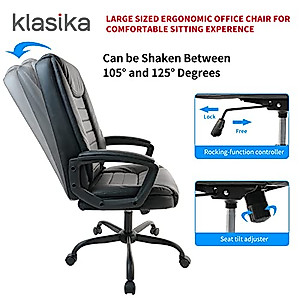 KLASIKA Ergonomic Executive Office Chair for Heavy People, Faux Leather Desk Chair with Wheels and Arms, Big and Tall Home Computer Office Chair for Long Hours, High Back Desk Chair, Black