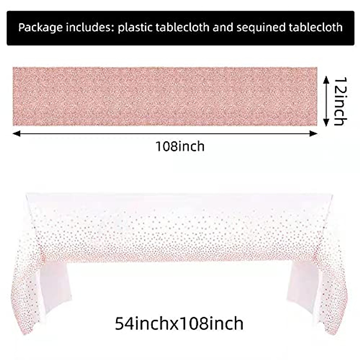 FGSAEOR Rose Gold Tablecloth, 12x108inch Sequins Table Runners and 54x108inch Plastic Table Cloths for Party Decorations, Sparkling Party Supplies Table Cover for Indoor Outdoor Parties