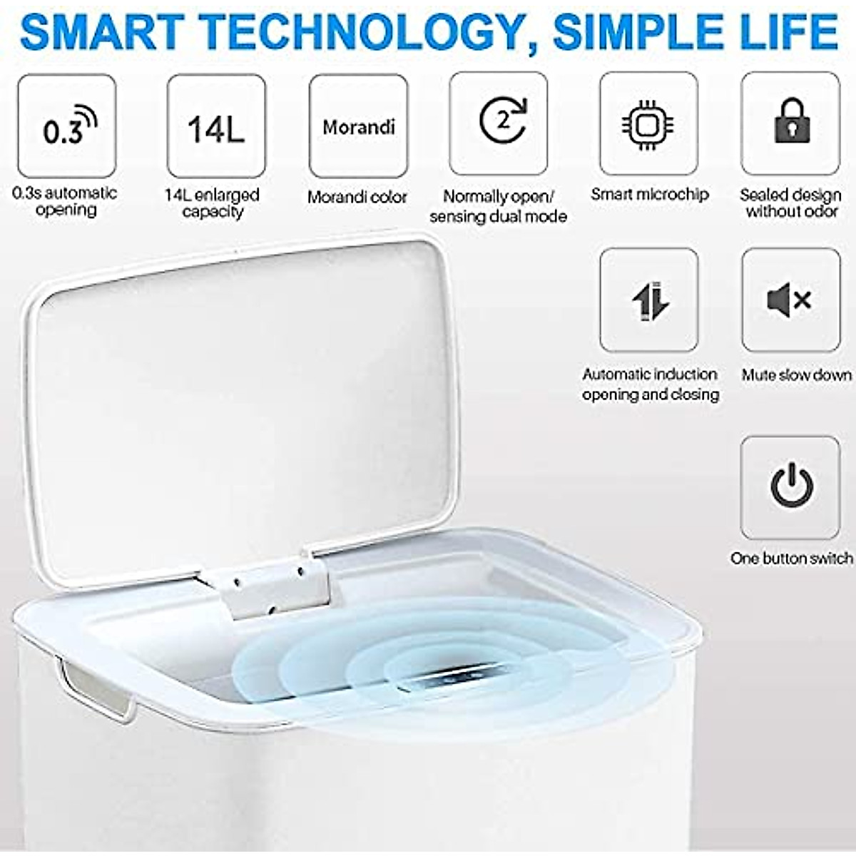 Touchless Trash Can with Lids, 14L Wastebasket Plastic Recycling Bin, Automatic Motion Sensor Kitchen Garbage Can, 3.7 Gallon Small Waste Container Bin for Home, Office, Bathroom, Living Room (White)