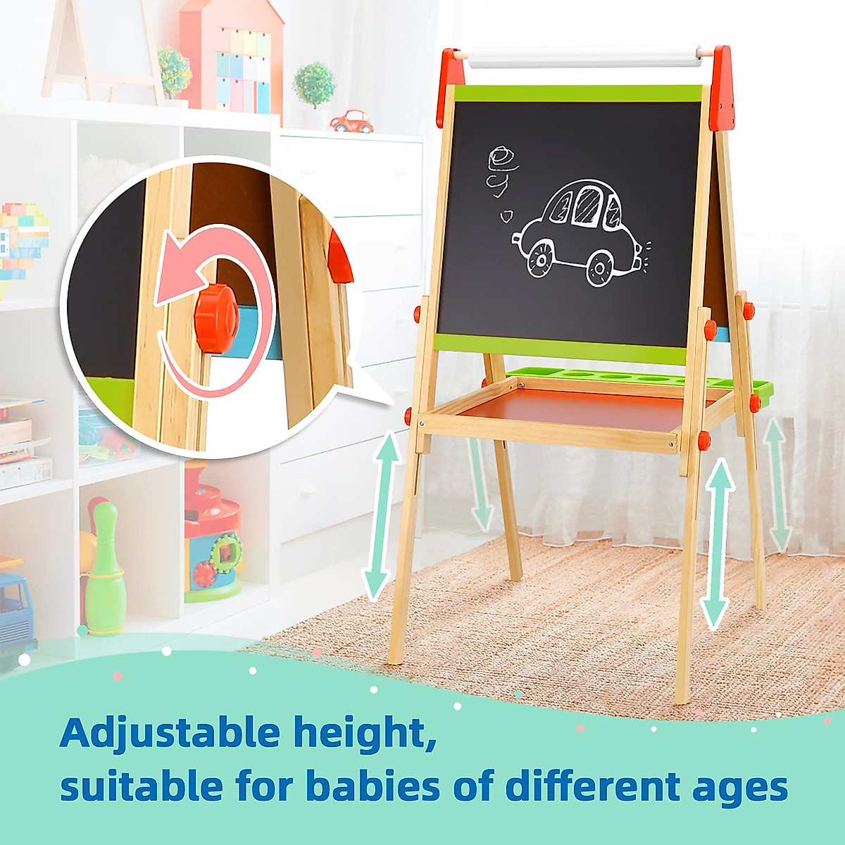 TOOKYLAND Wooden Easel for Kids - Adjustable Height Stand with Magnetic Whiteboard, Chalkboard, Paper Roll, Magnets, Drawing and Painting Accessories; Arts & Crafts Toy for 3 Year Old +