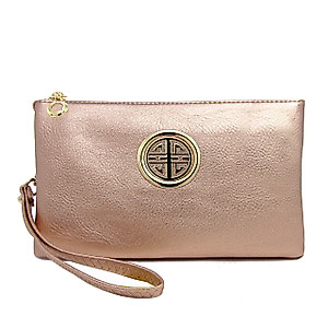 Solene Womens and Girls Multi Compartment Functional Emblem Crossbody Bag With Detachable Wristlet-WU020L(Rose Gold)