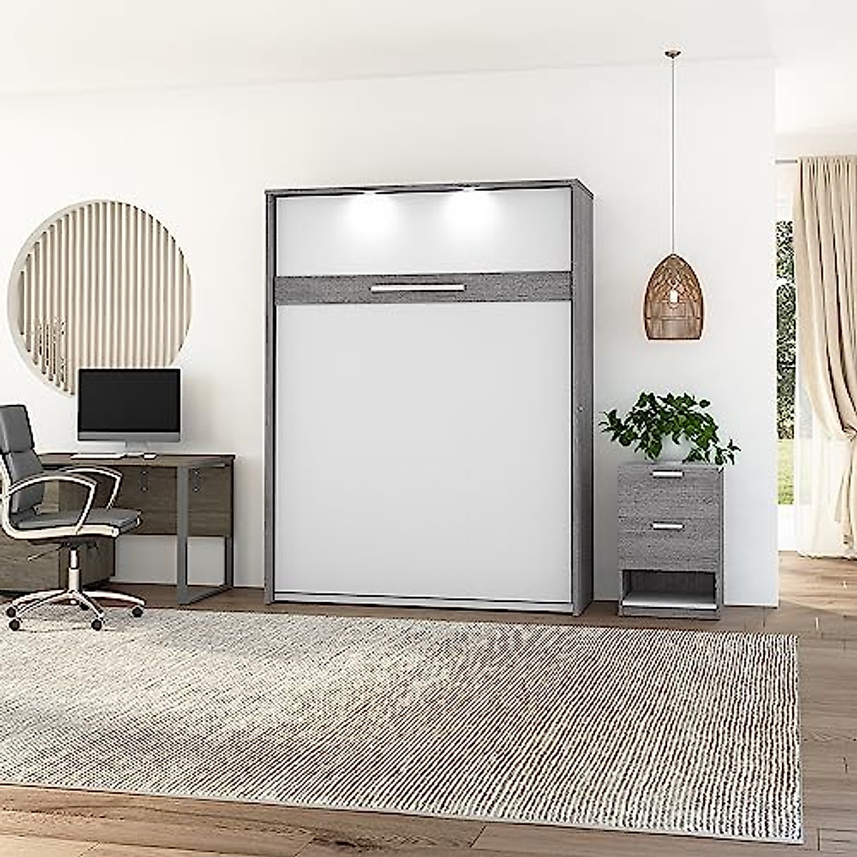 Bestar, Cielo Collection, Queen Murphy Bed with Built-in LED Lights (Bark Grey & White)