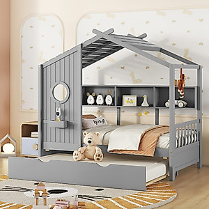 HUMEHA Twin Bed Frames for Kids, House Bed with Trundle and Shelves, Wood Playhouse Platform Bed Frame with Window and Fence for Boys Girls, Gray, 74.4" L x 42.7" W x 72" H