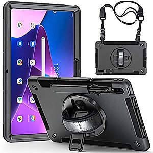 Case for Lenovo Tab P12 Pro 12.6-Inch (TB-Q706F /TB-Q706Z), 3 Layer Hybrid Shockproof Rugged Protective Case with 360° Rotating Stand - Hand Strap - Shoulder Strap,Black